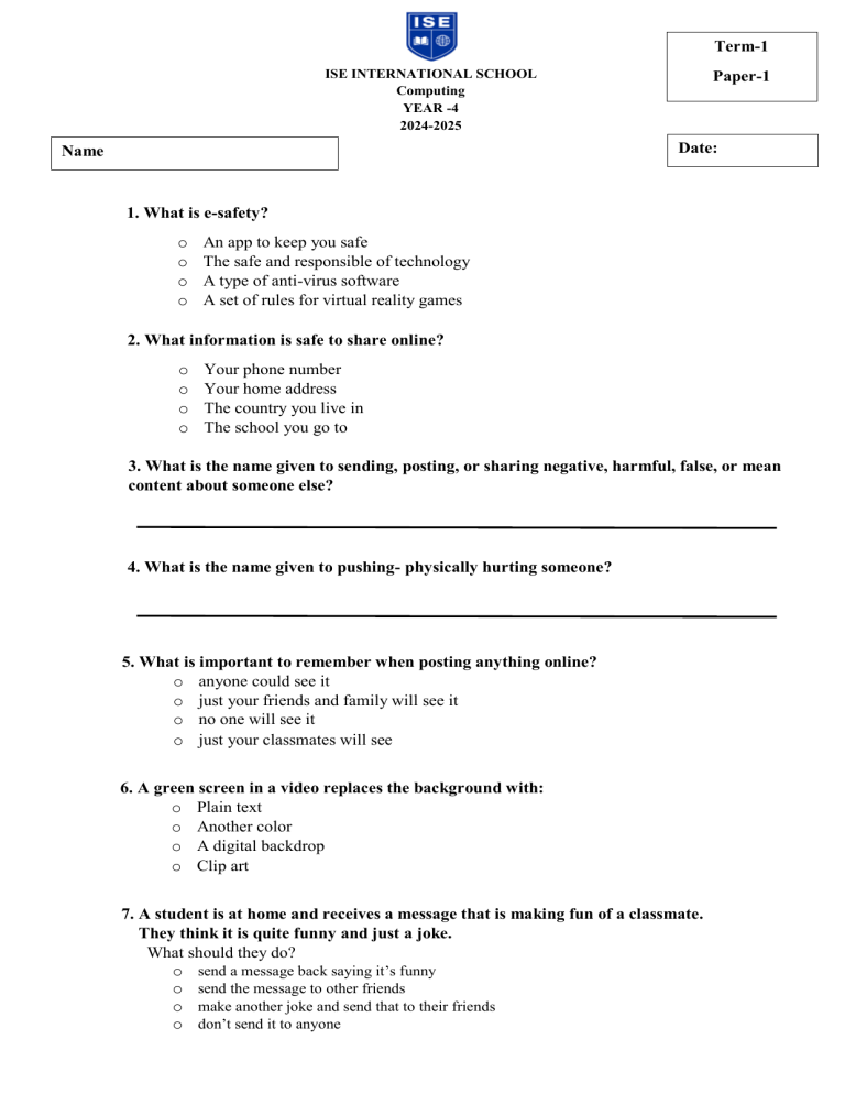 Year 4 Computing Worksheet: E-Safety & Digital Literacy