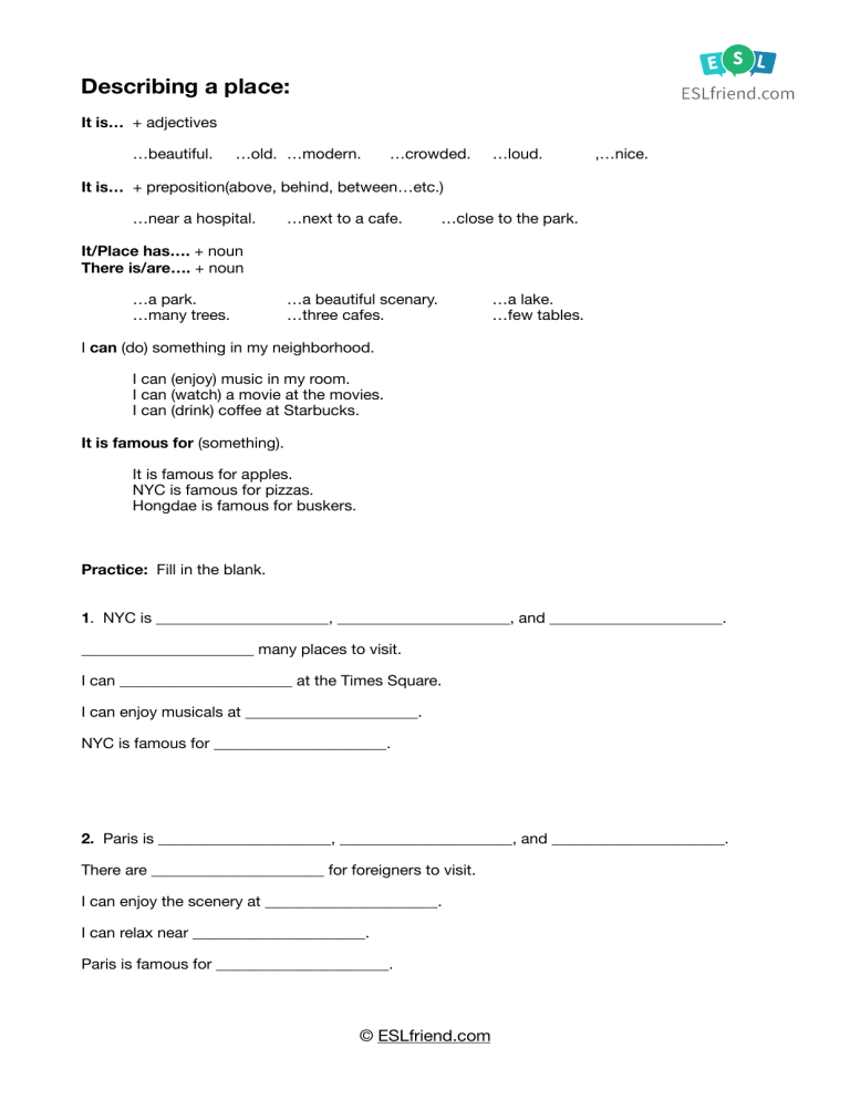 Describing Places: ESL Worksheet for Beginners