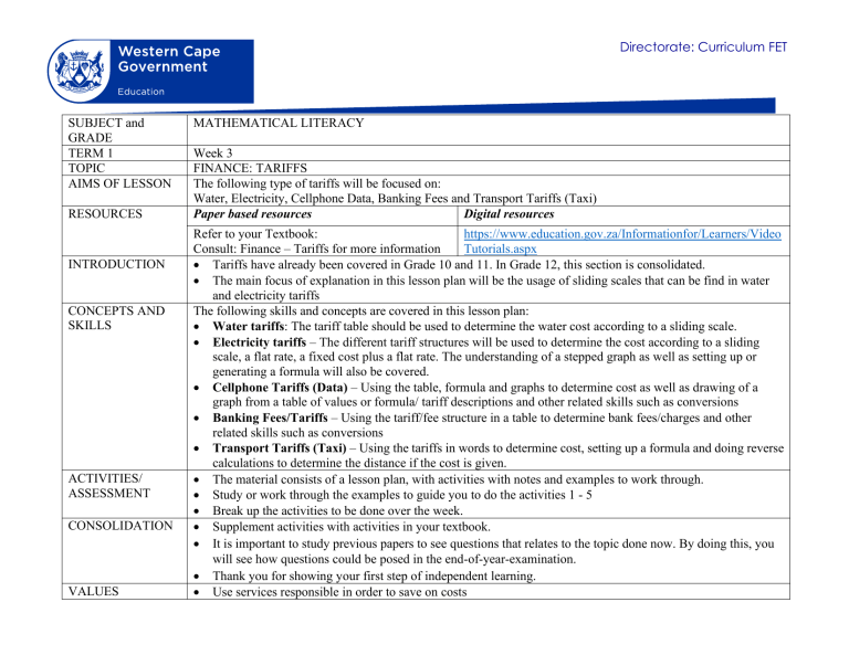 Mathematical Literacy: Tariffs Lesson Plan