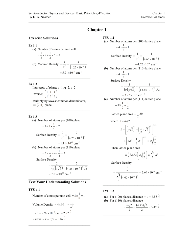 Semiconductor Physics & Devices: Chapter 1 & 2 Exercise Solutions
