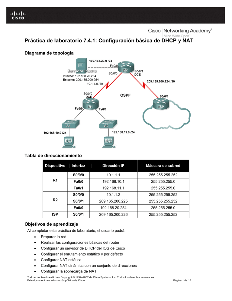 Práctica de laboratorio de configuración de DHCP y NAT