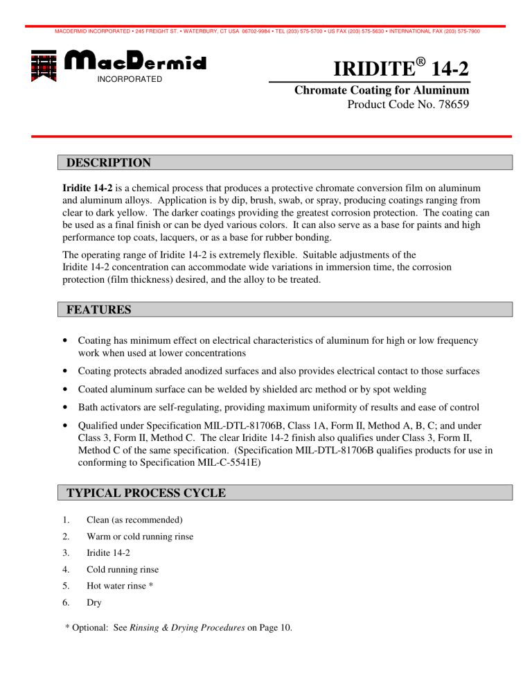 Iridite 14-2 Chromate Coating for Aluminum - Data Sheet
