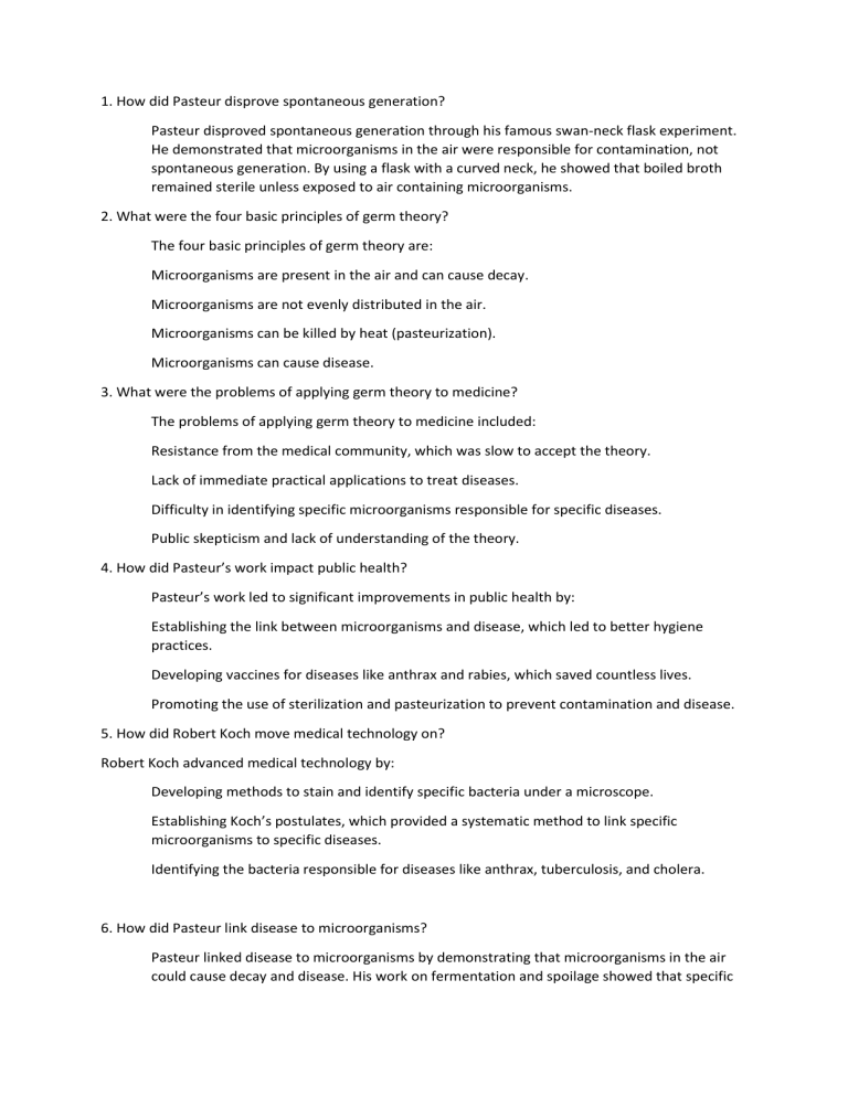 Germ Theory: Pasteur & Koch Study Guide