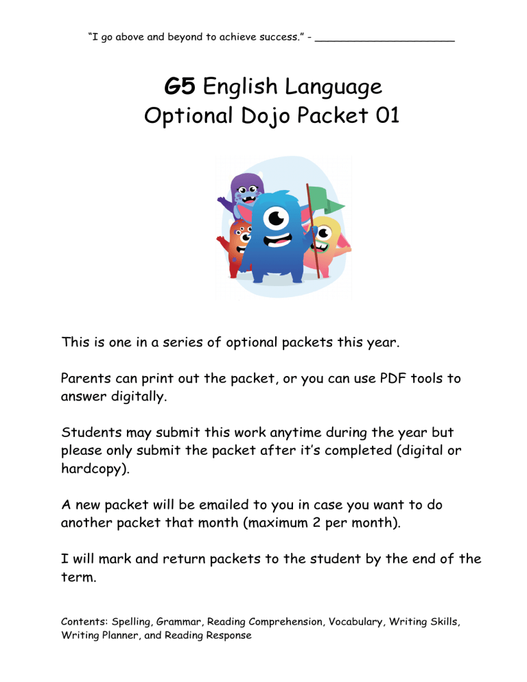 G5 English Language Dojo Packet: Spelling, Grammar, Reading
