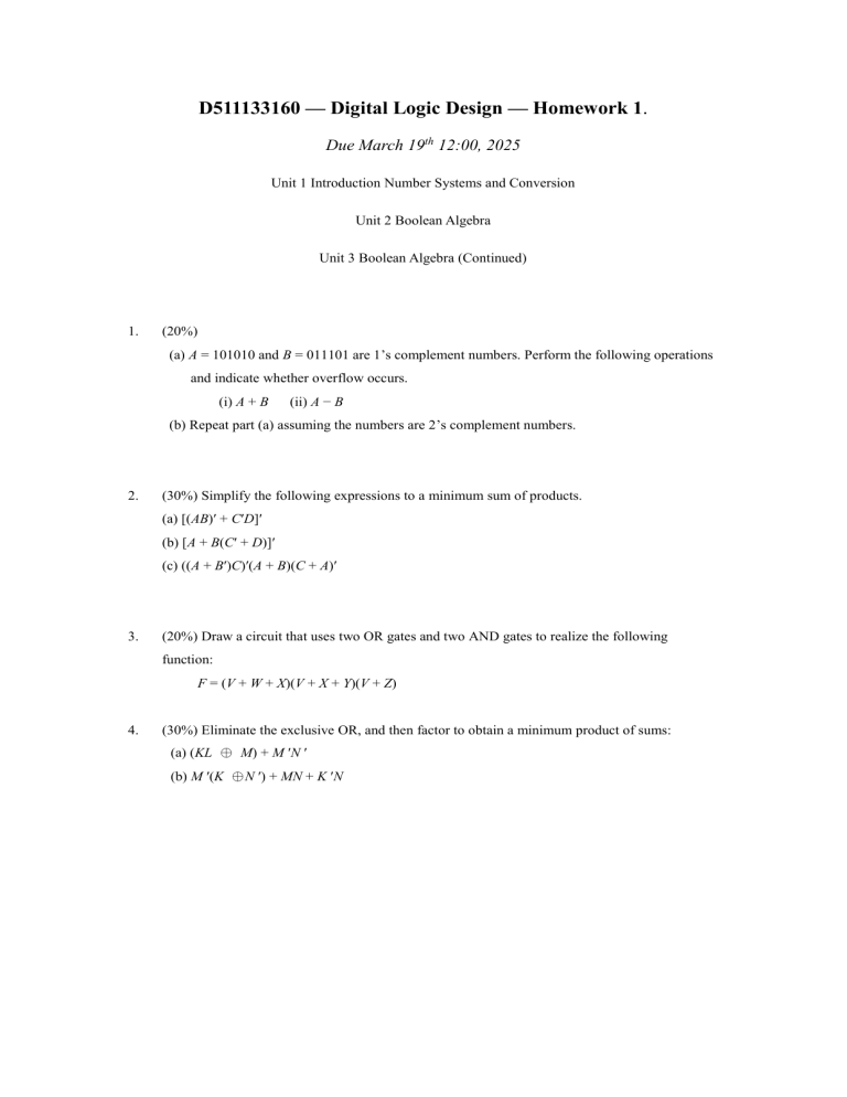 Digital Logic Design Homework: Number Systems & Boolean Algebra