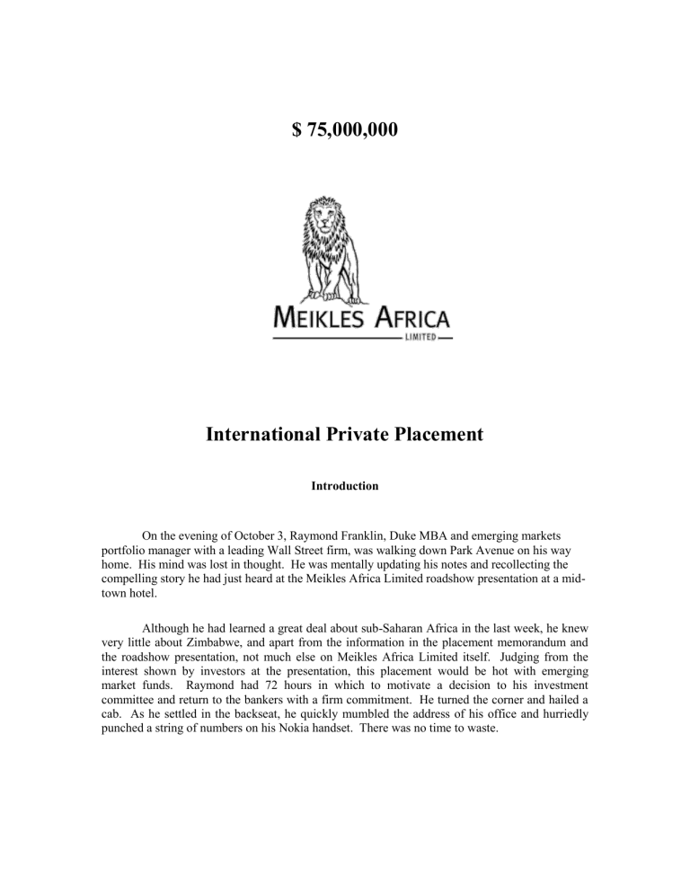 Meikles Africa: $75M International Private Placement Memorandum