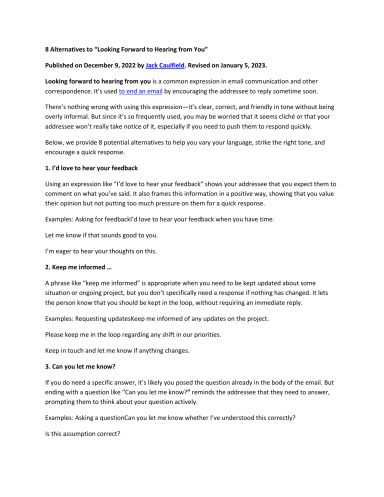 Email Sign-Off Alternatives: "Looking Forward to Hearing"