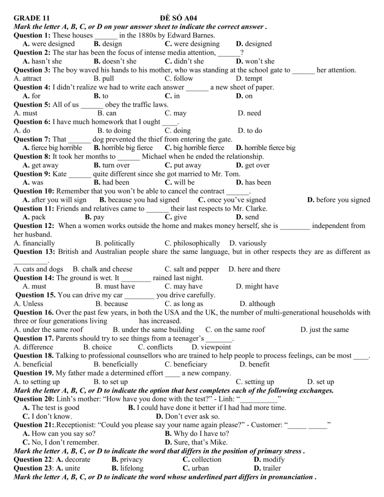 Grade 11 English Exam: Grammar & Vocabulary
