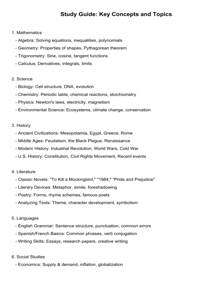 Study Guide: Essential Concepts & Topics for Students