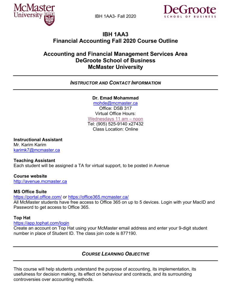 IBH 1AA3 Financial Accounting Course Outline - McMaster University