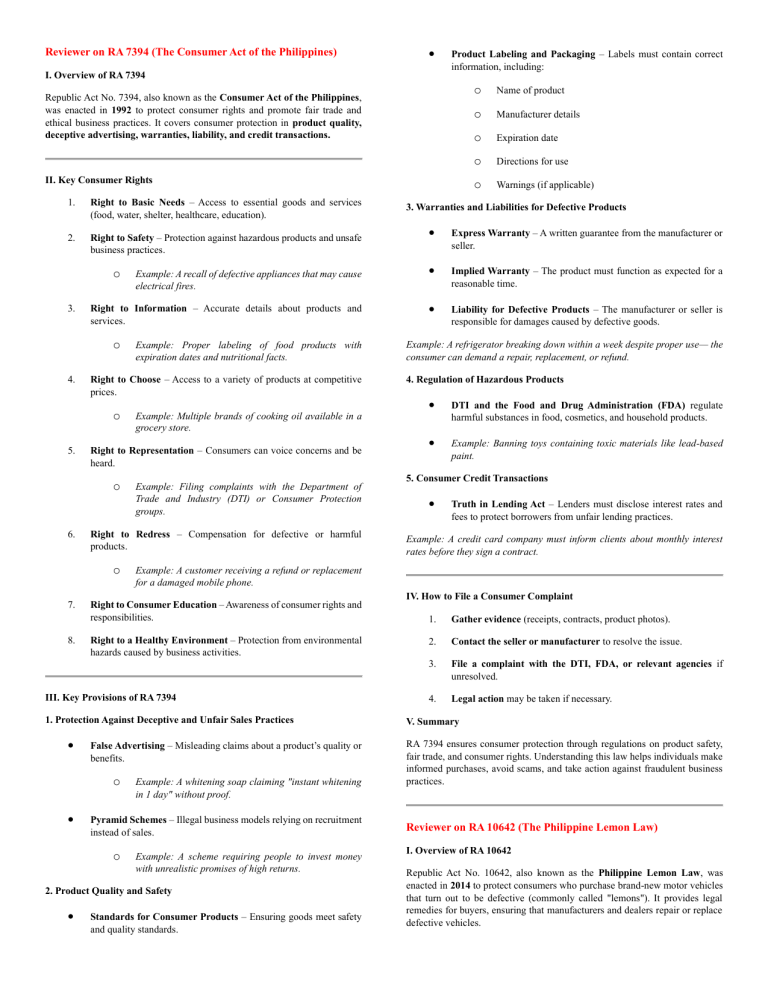 Philippine Consumer Laws: RA 7394, Lemon Law, Competition Act