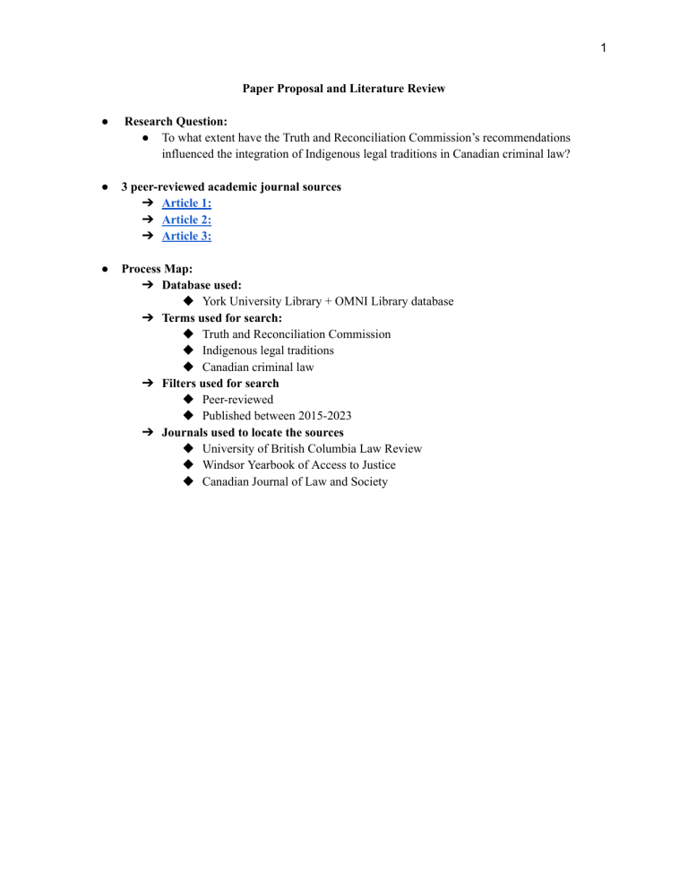 TRC & Indigenous Law: Paper Proposal & Review