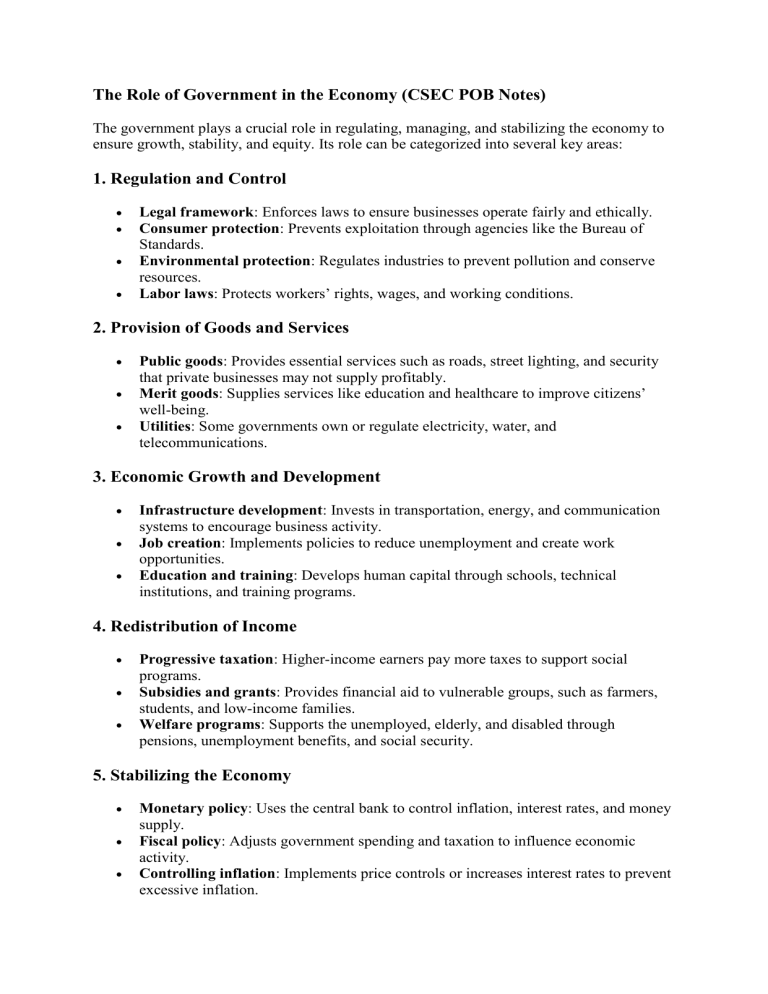 Government's Role in the Economy: CSEC POB Notes