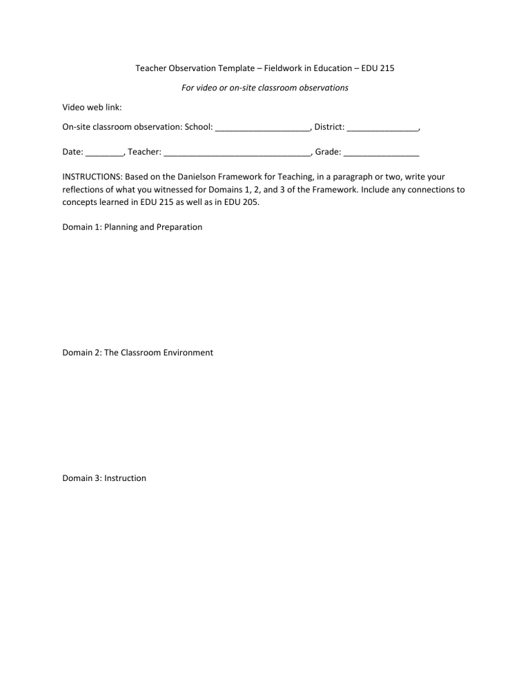 Teacher Observation Template: Danielson Framework