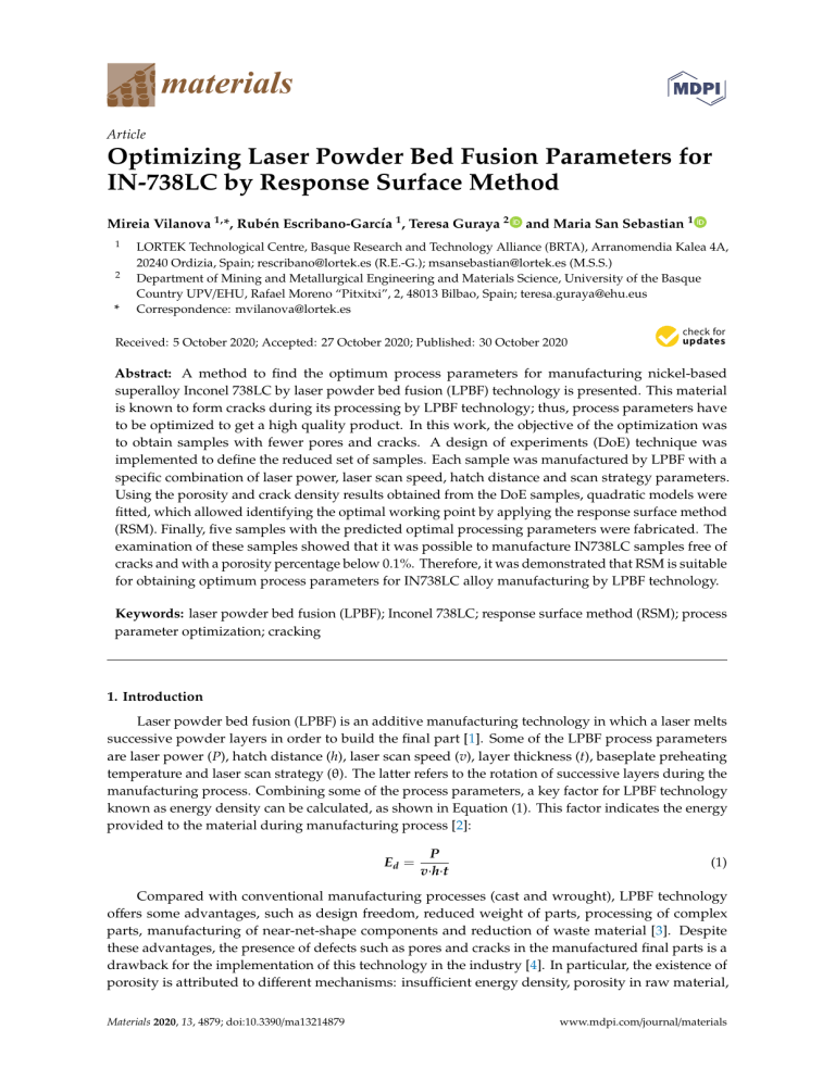 Optimizing LPBF Parameters for IN-738LC via Response Surface Method
