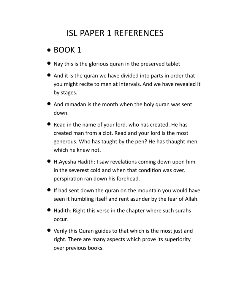 ISL Paper 1 References: Quran & Hadith