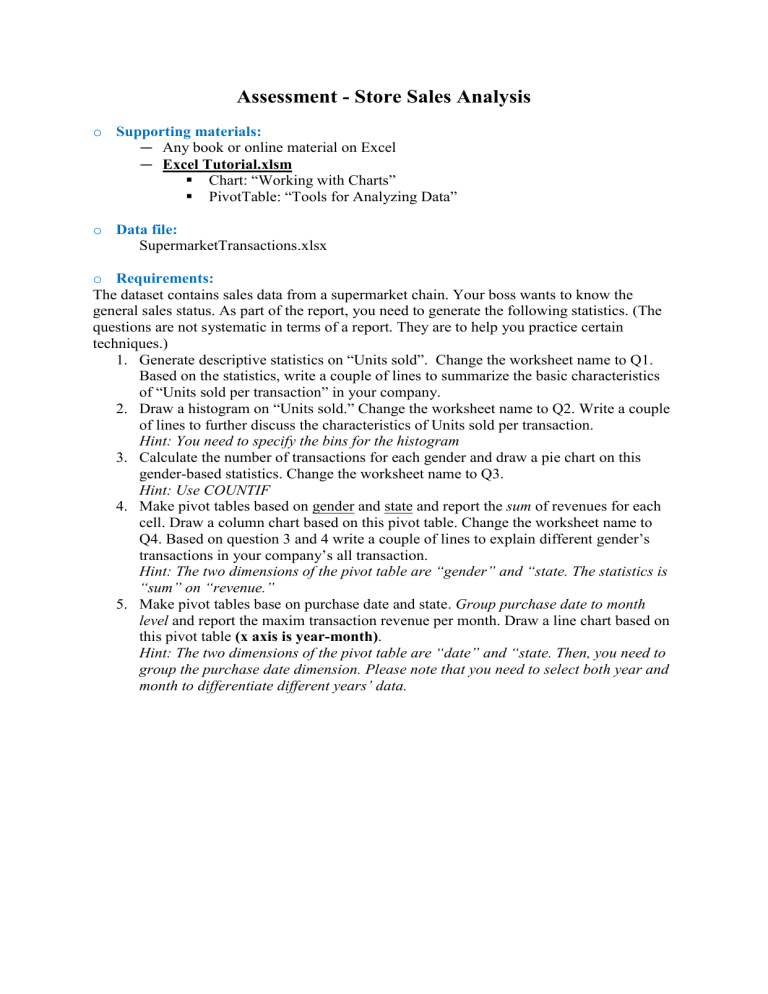 Store Sales Analysis Assessment with Excel