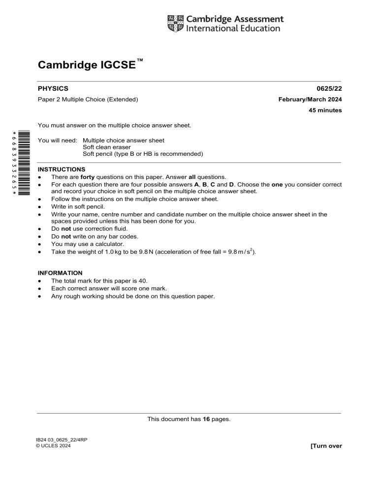 IGCSE Physics Exam Paper - Multiple Choice (Extended)