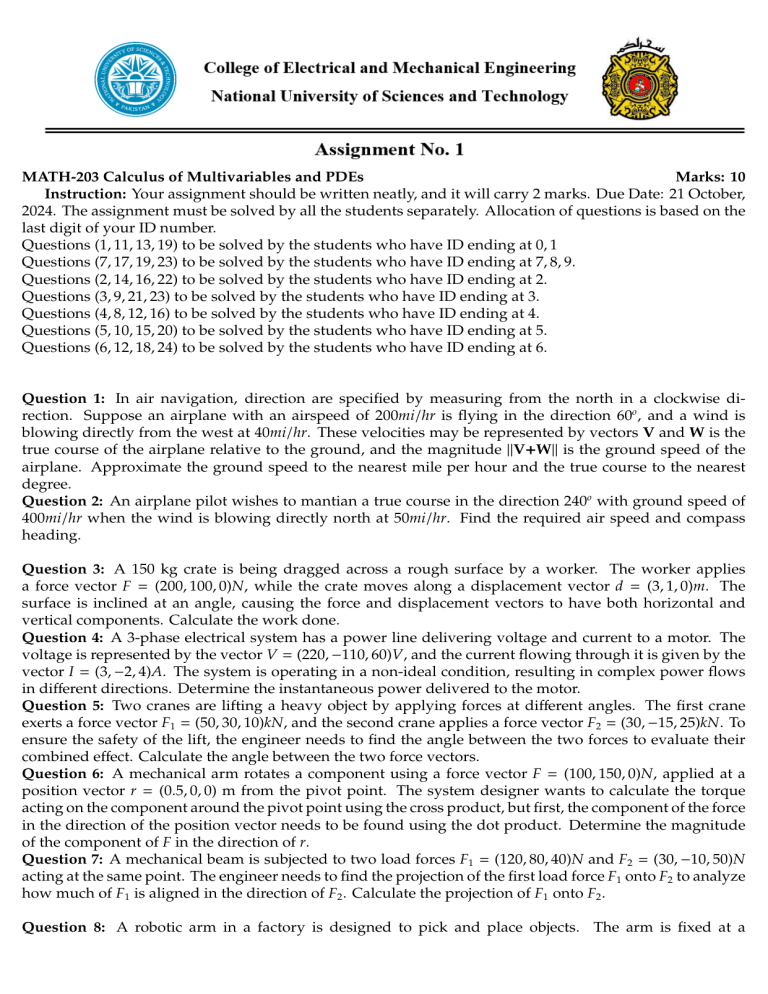 Multivariable Calculus & PDEs Assignment - Vector Calculus Problems
