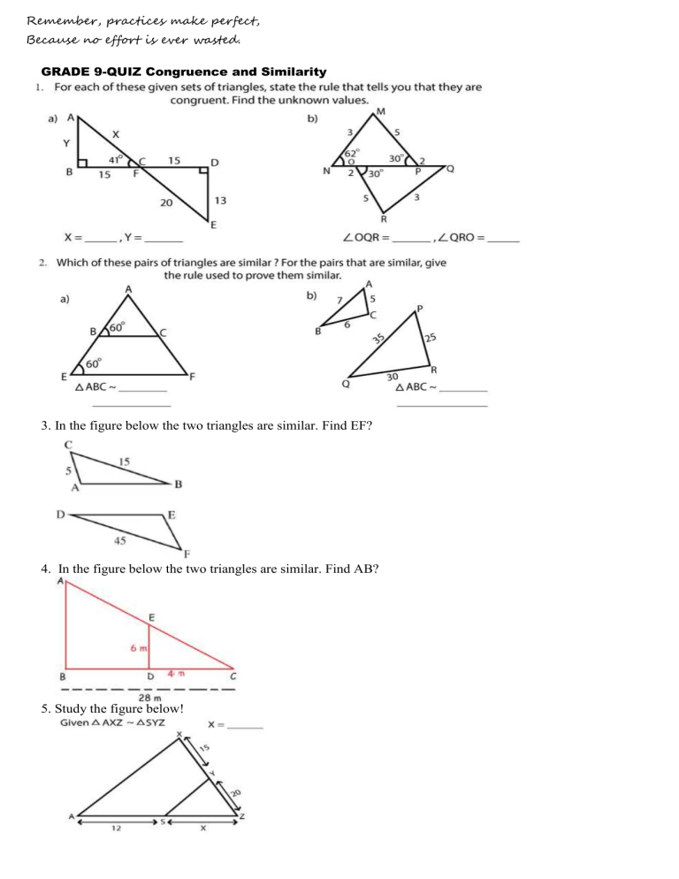 Grade 9 Math Quiz: Congruence and Similarity