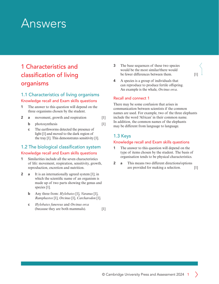 IGCSE Biology: Answer Key - Characteristics & Classification