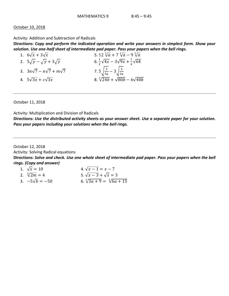 Math 9 & 10: Radicals & Equations Worksheet