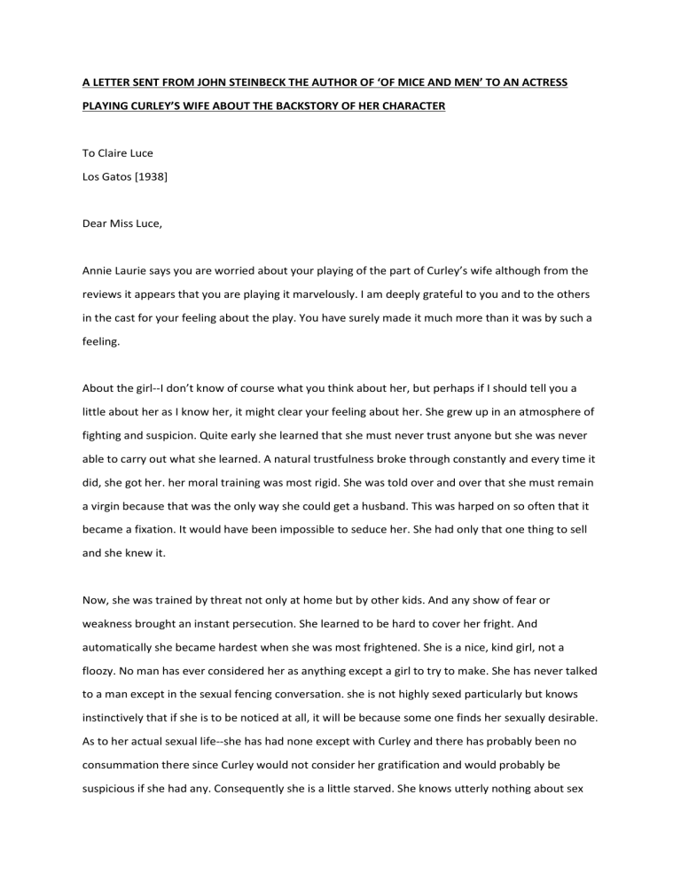 Steinbeck's Letter to Claire Luce: Curley's Wife Backstory