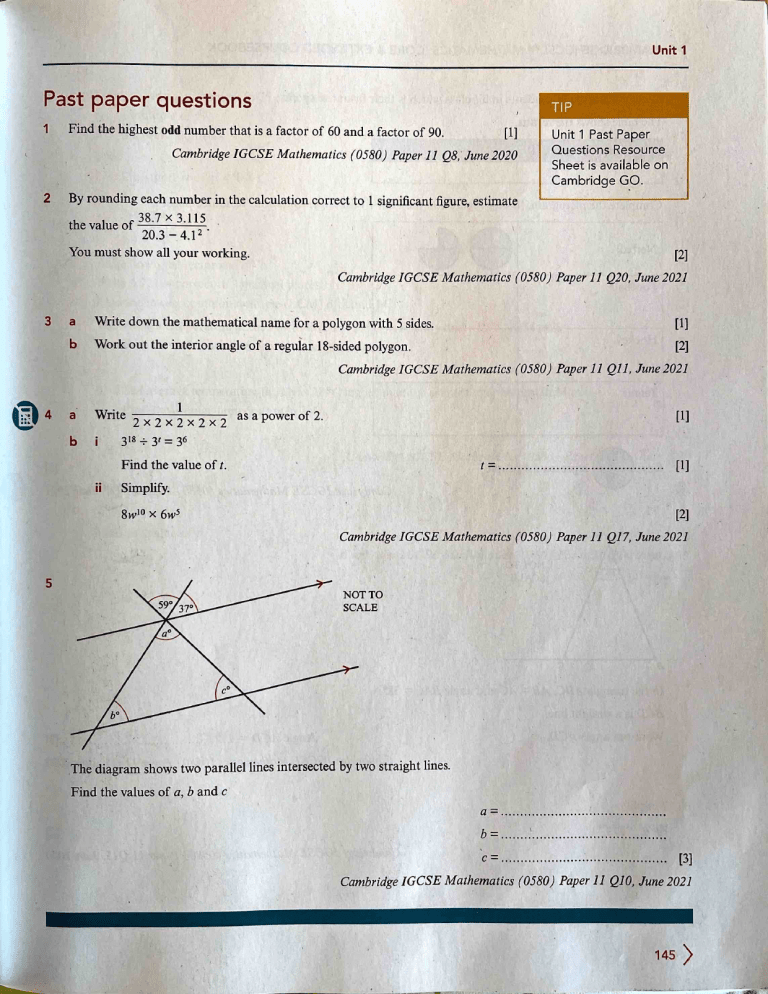 IGCSE Math Past Paper Questions - Unit 1