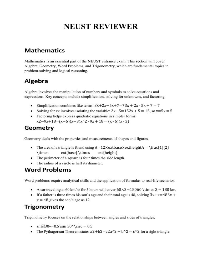 NEUST Entrance Exam Reviewer: Math, English, Science, GK