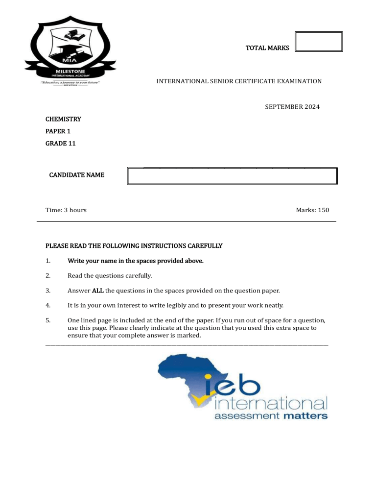 Grade 11 Chemistry Exam Paper - September 2024