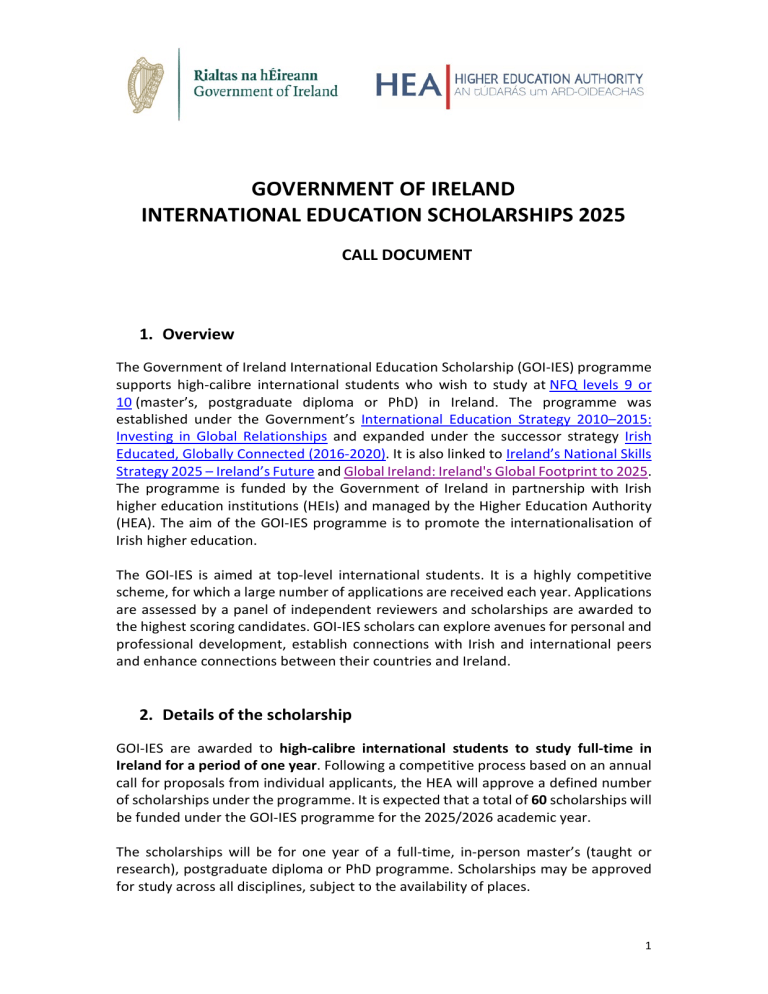 Ireland International Education Scholarships 2025 - Call Document