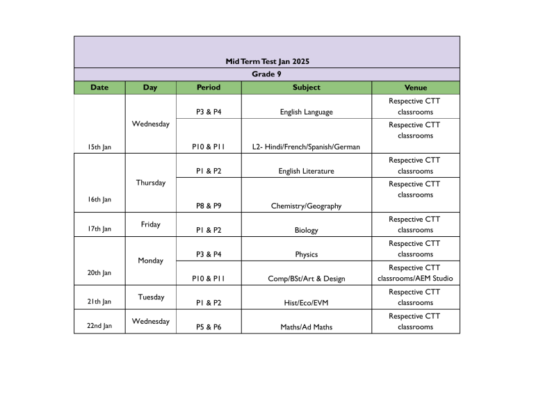 Grade 9 Exam Schedule - January 2025