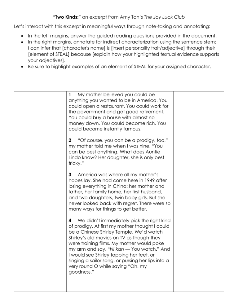 "Two Kinds" Analysis: Joy Luck Club Excerpt