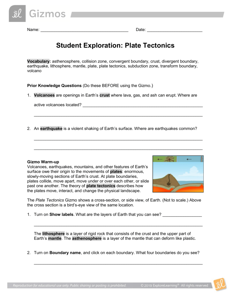Plate Tectonics: Student Exploration Gizmo