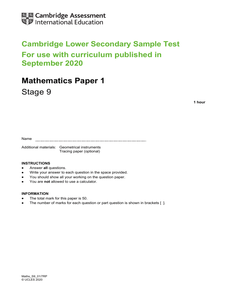 Stage 9 Mathematics Paper 1 Sample Test