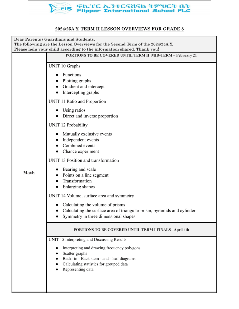 Grade 8 Term II Lesson Overviews: Math, English, Science