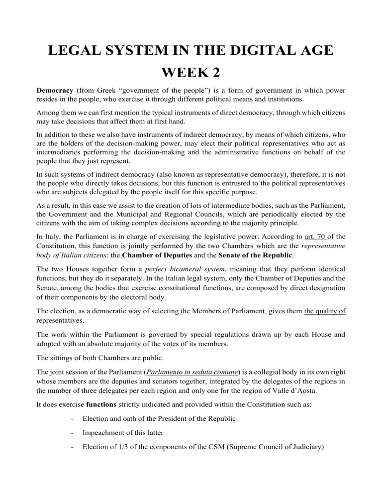 Italian Legal System: Democracy & Parliament