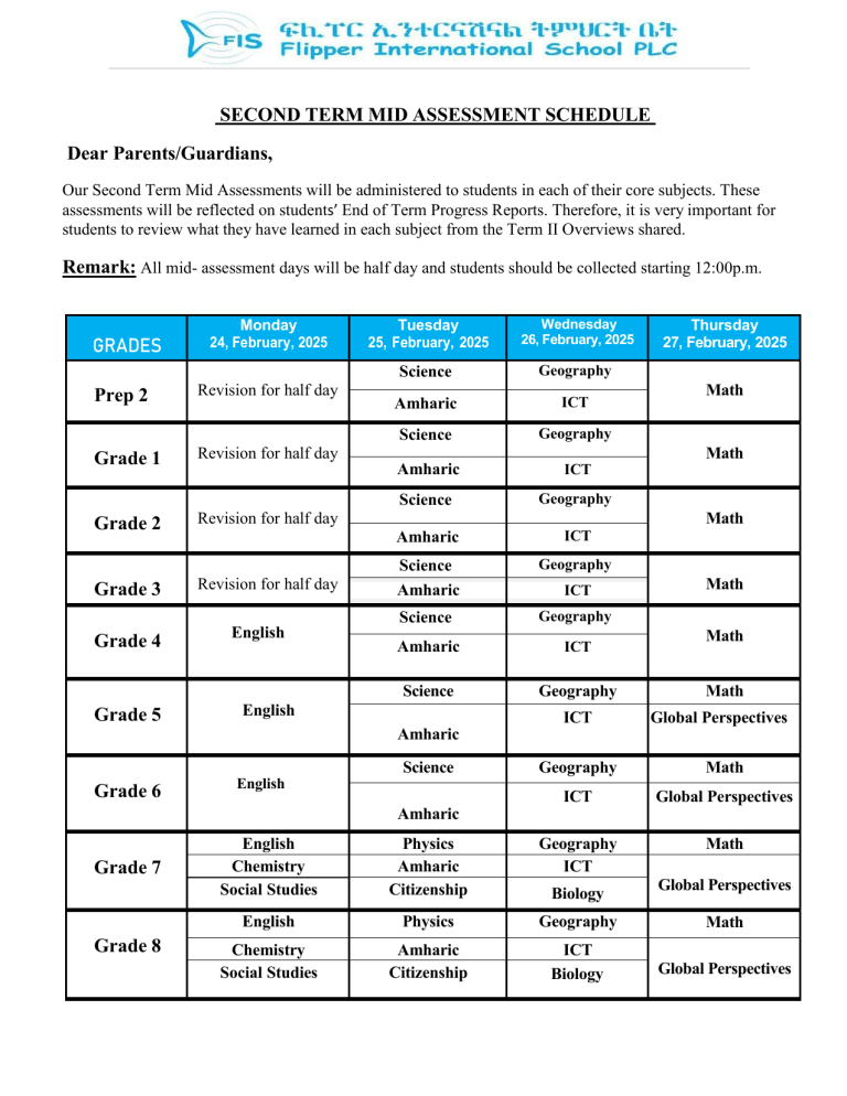 Second Term Mid Assessment Schedule - February 2025