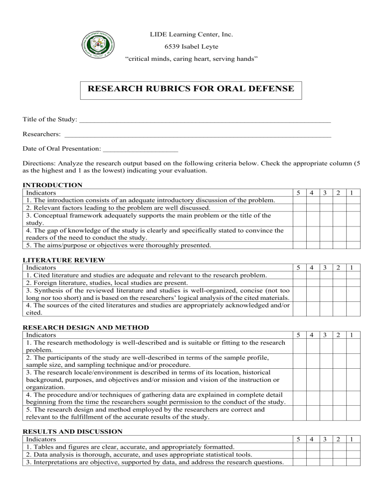 Research Oral Defense Rubric