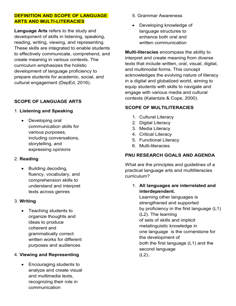 Language Arts & Multi-literacies: Definition, Scope, & Curriculum
