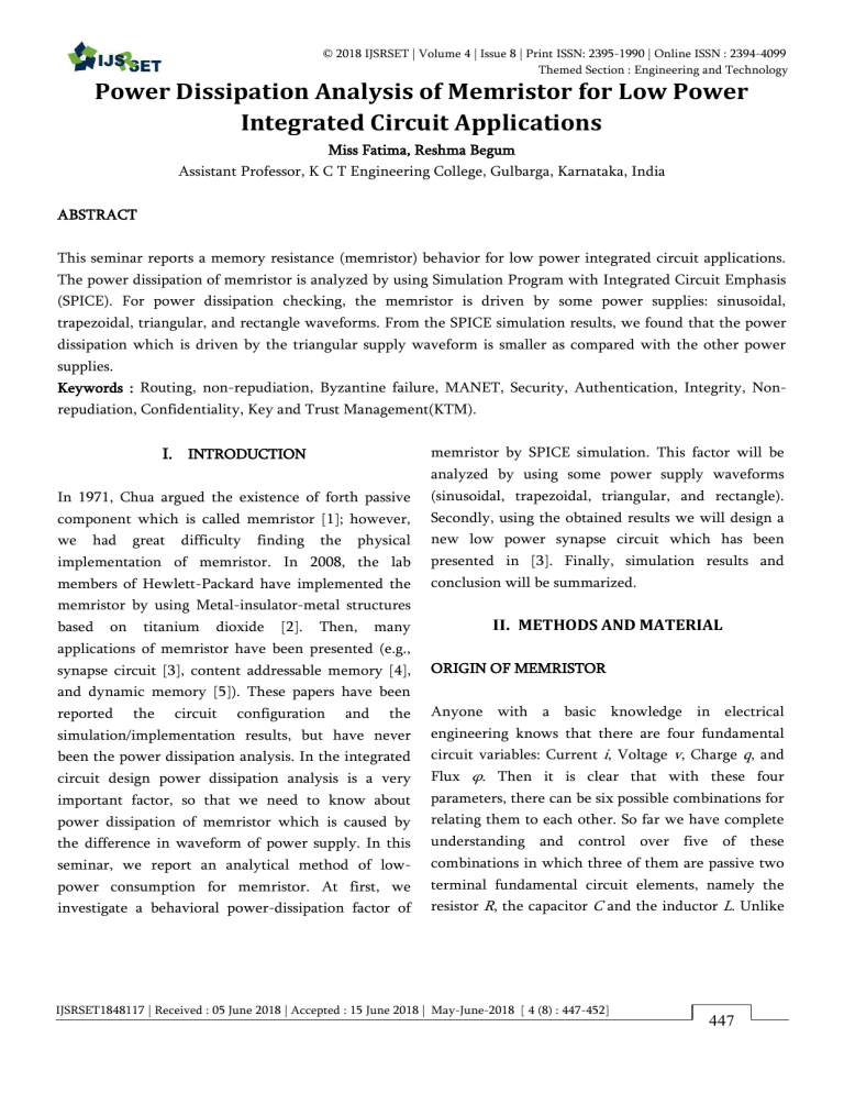 Memristor Power Dissipation Analysis for Low Power ICs