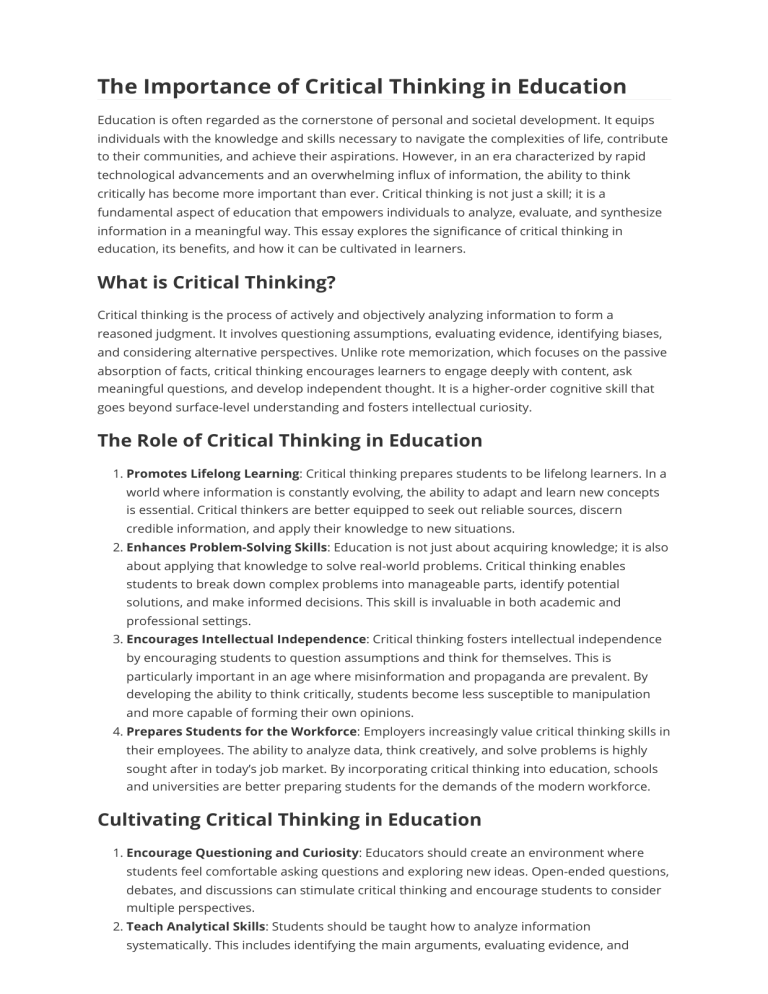 Critical Thinking in Education: Importance & Cultivation