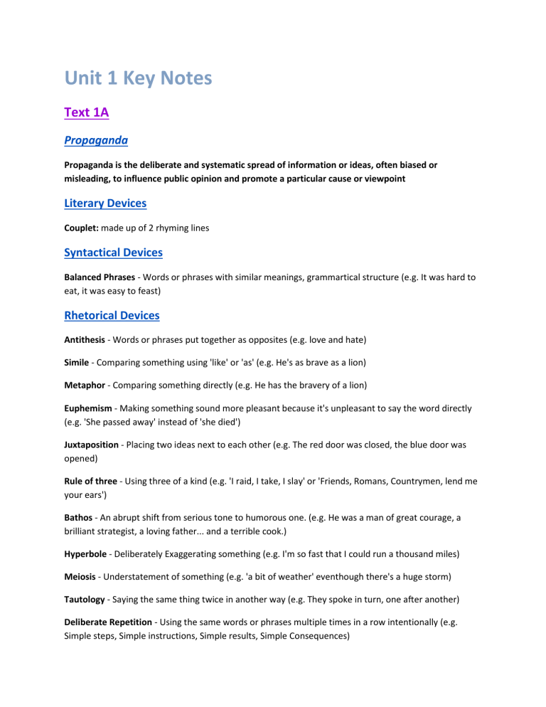 Key Notes: Propaganda, Literary & Rhetorical Devices