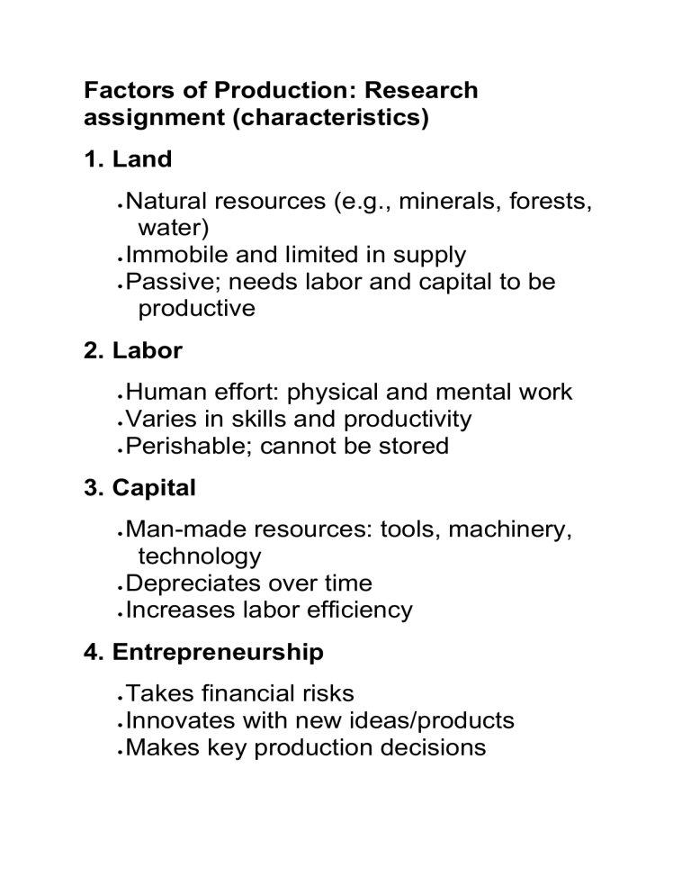 Factors of Production: Land, Labor, Capital, Entrepreneurship