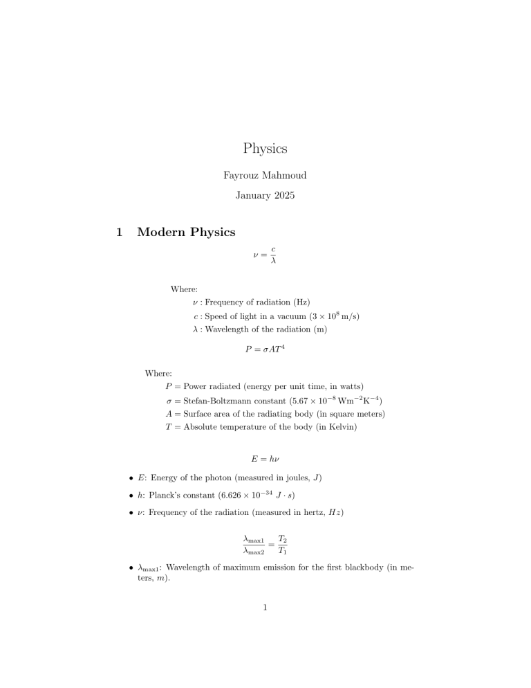 Modern Physics Formulas: Wavelength, Energy, Temperature