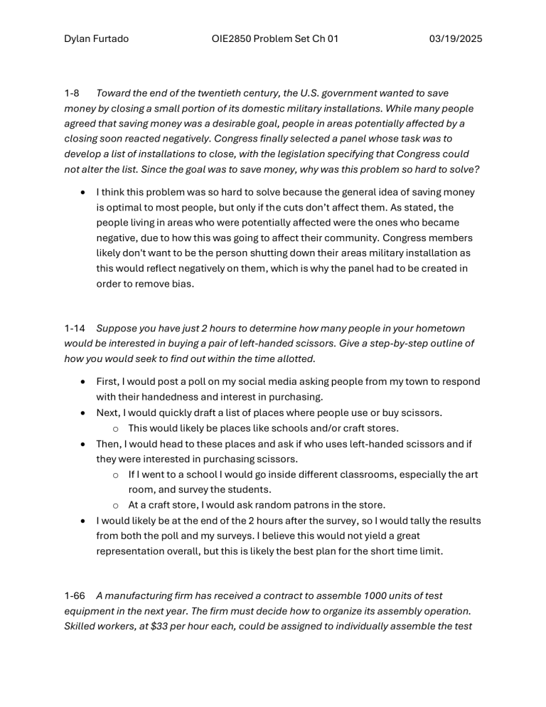 OIE2850 Problem Set Ch 01: Decision Making & Cost Analysis
