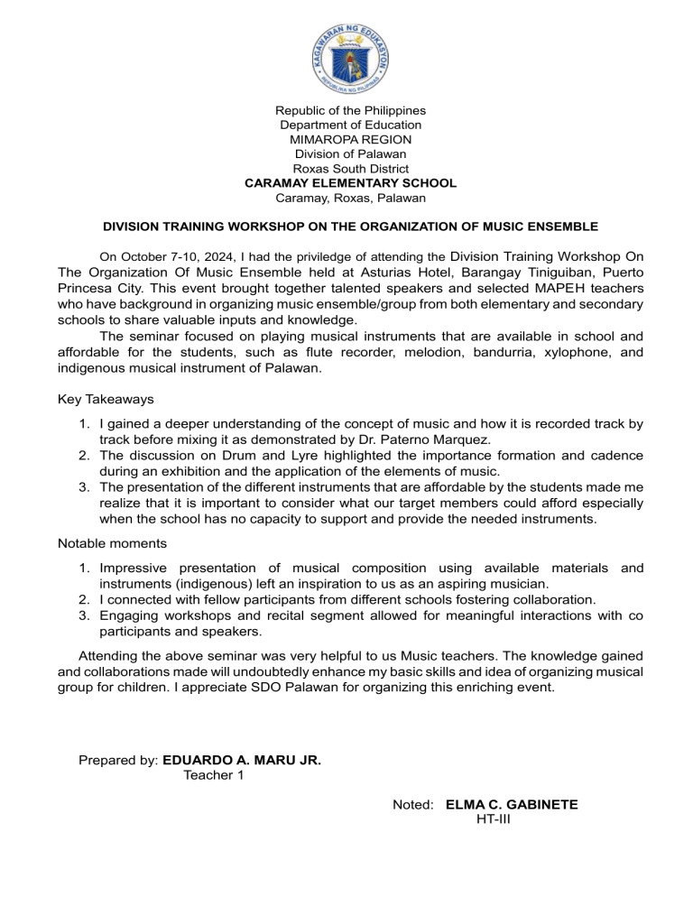 Music Ensemble Workshop Report: Palawan Division Training