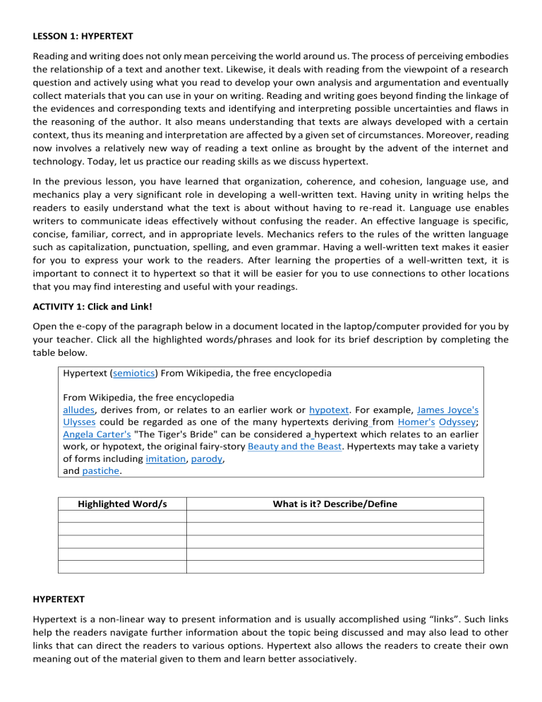 Hypertext Lesson: Understanding Links & the Web