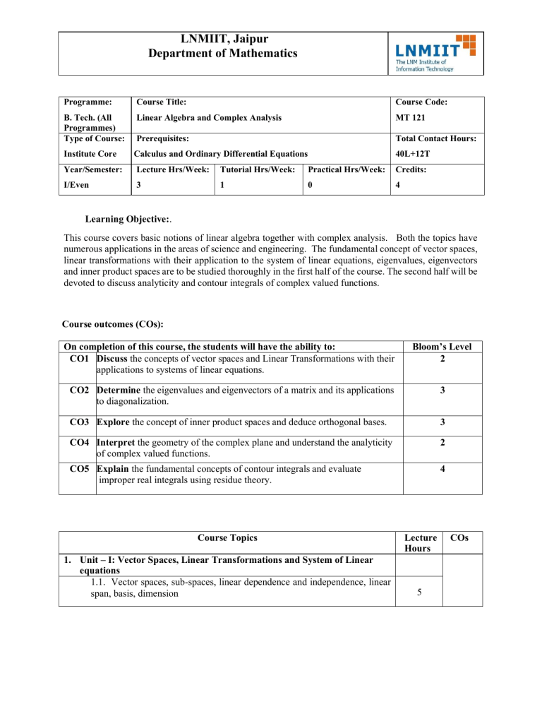 Linear Algebra & Complex Analysis Course Syllabus - LNMIIT