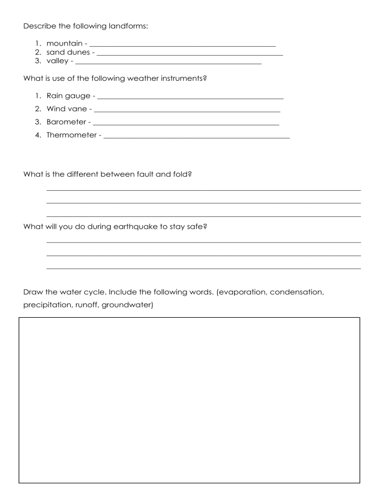 Earth Science Worksheet: Landforms, Weather, Water Cycle
